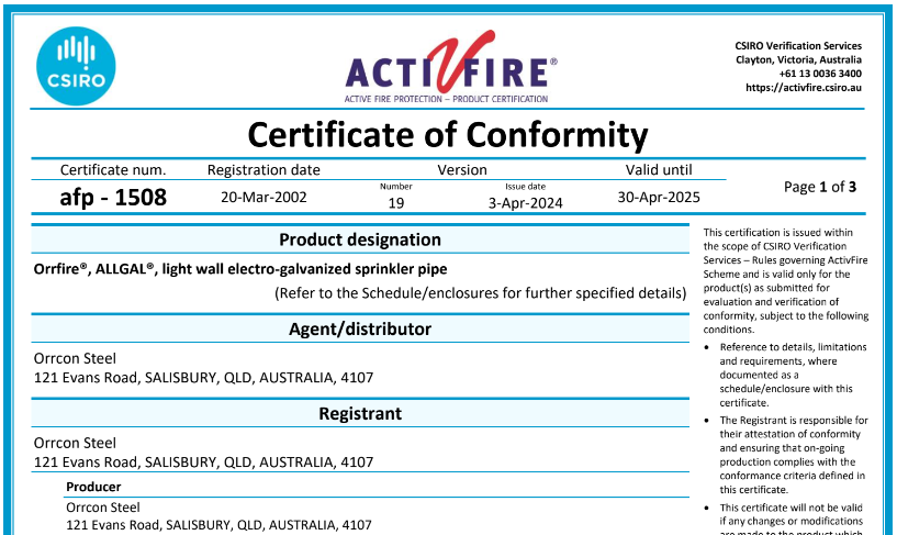 Orrfire®, ALLGAL®, medium wall electro-galvanized sprinkler pipe ...